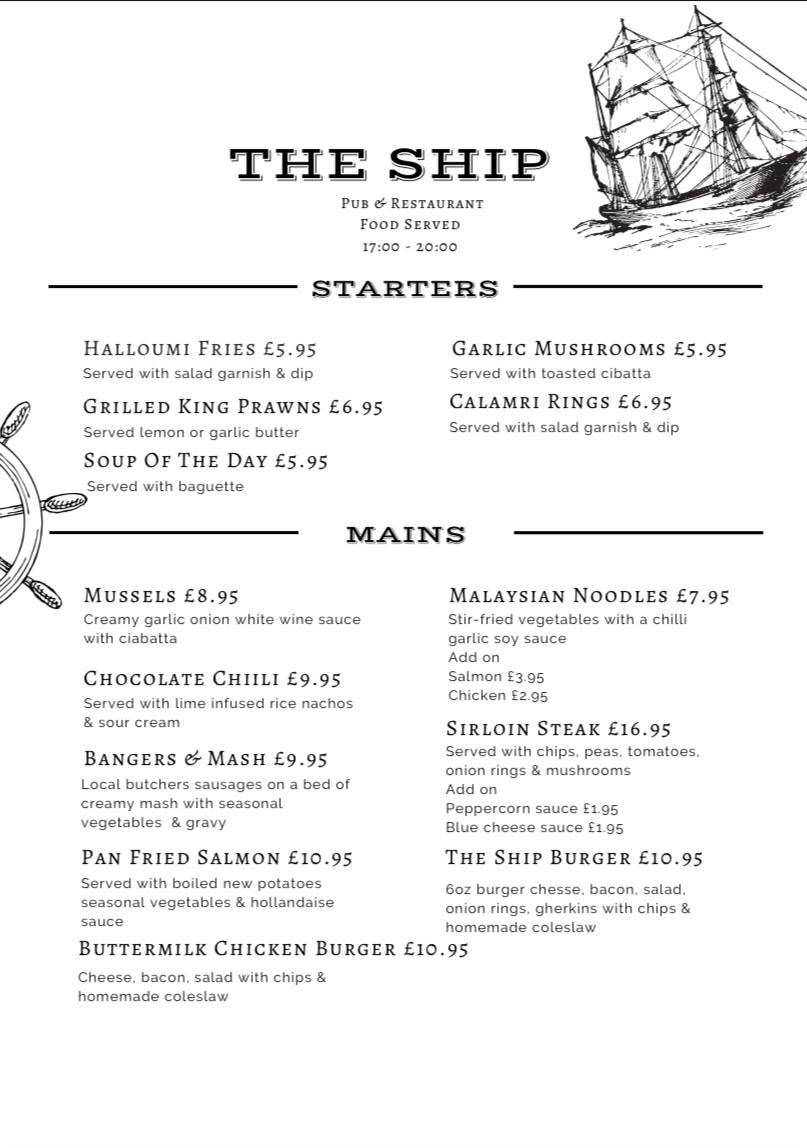 Menu at The Ship Inn pub & bar, Great Yarmouth
