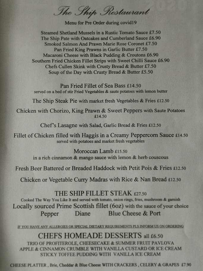 Menu at The Ship Restaurant, Burntisland