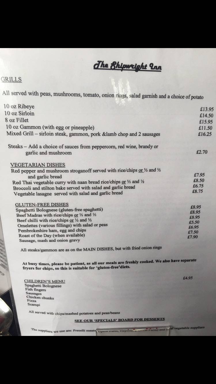 Menu at The Shipwright Inn pub & bar, Pembroke Dock