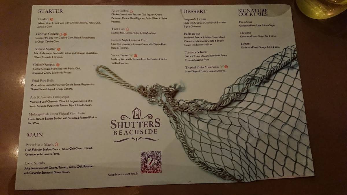 Menu at The Shutters Beachside at Hyatt restaurant, Punta Cana