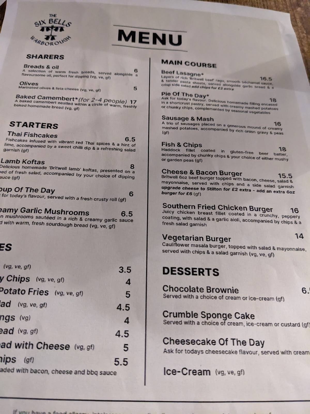 Menu at The Six Bells pub & bar, Wallingford