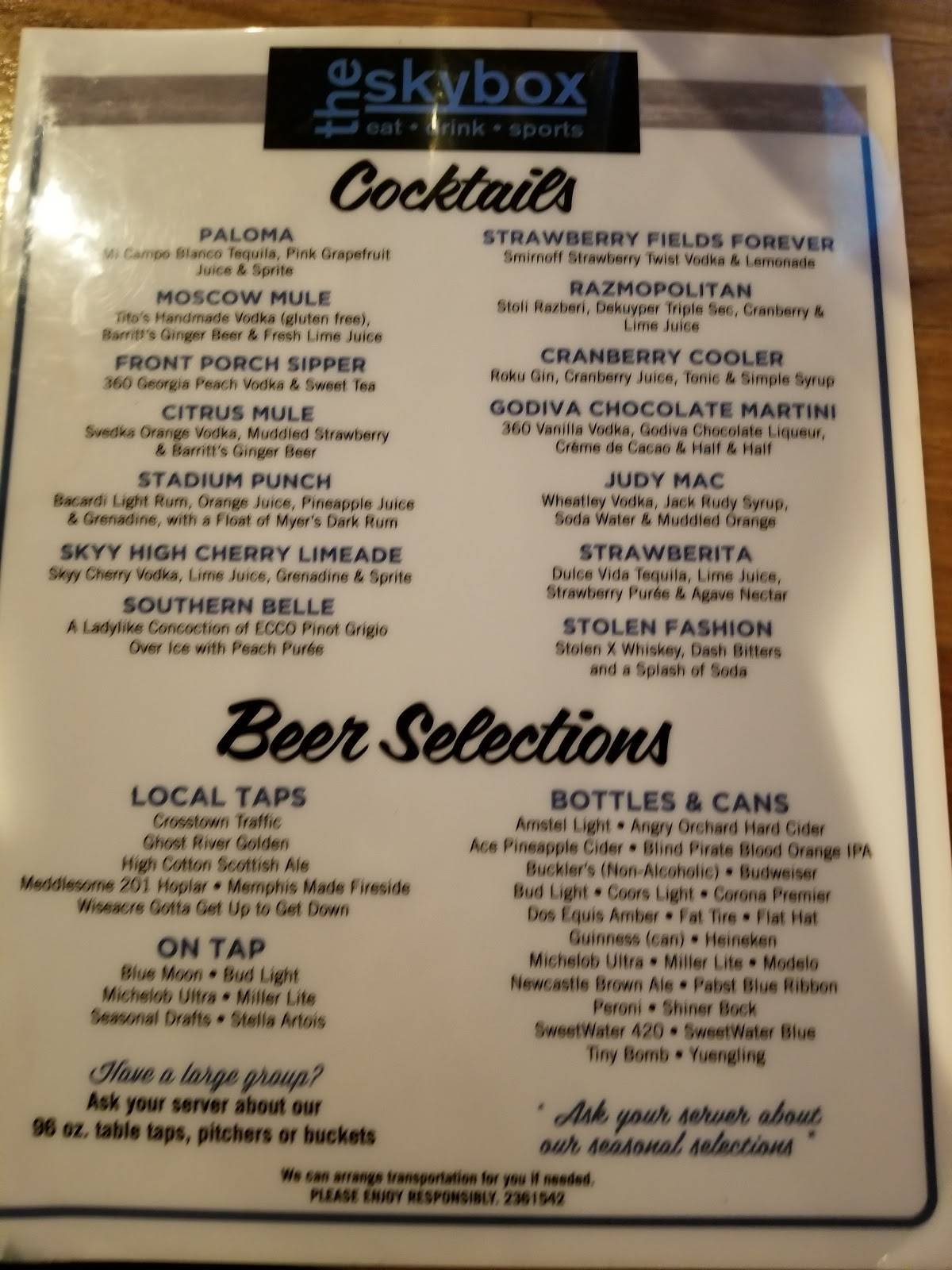 Menu at The Skybox Grill pub & bar, Collierville, W Poplar Ave #101