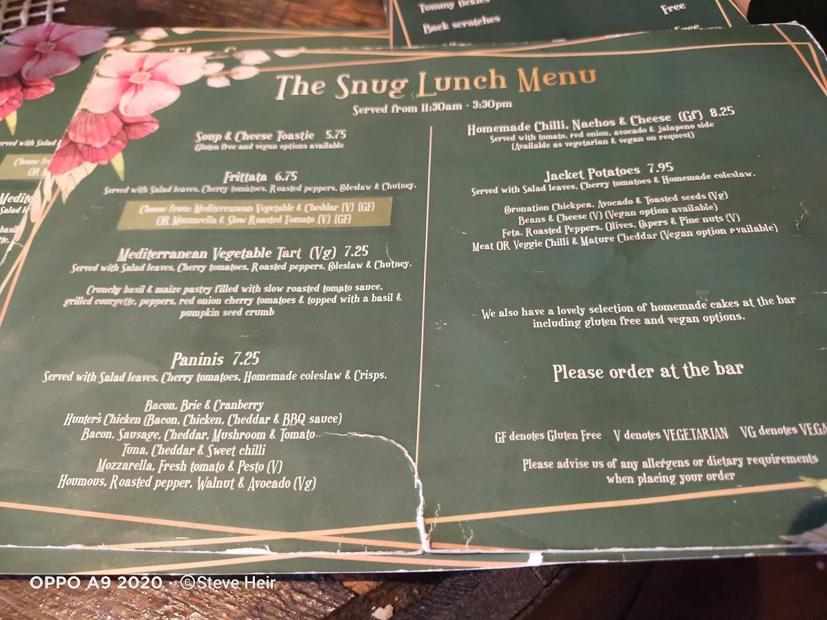 Menu at The Snug pub & bar, Christchurch