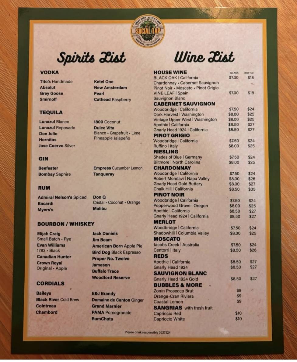 Menu at The Social Tap and Table pub & bar, Anderson