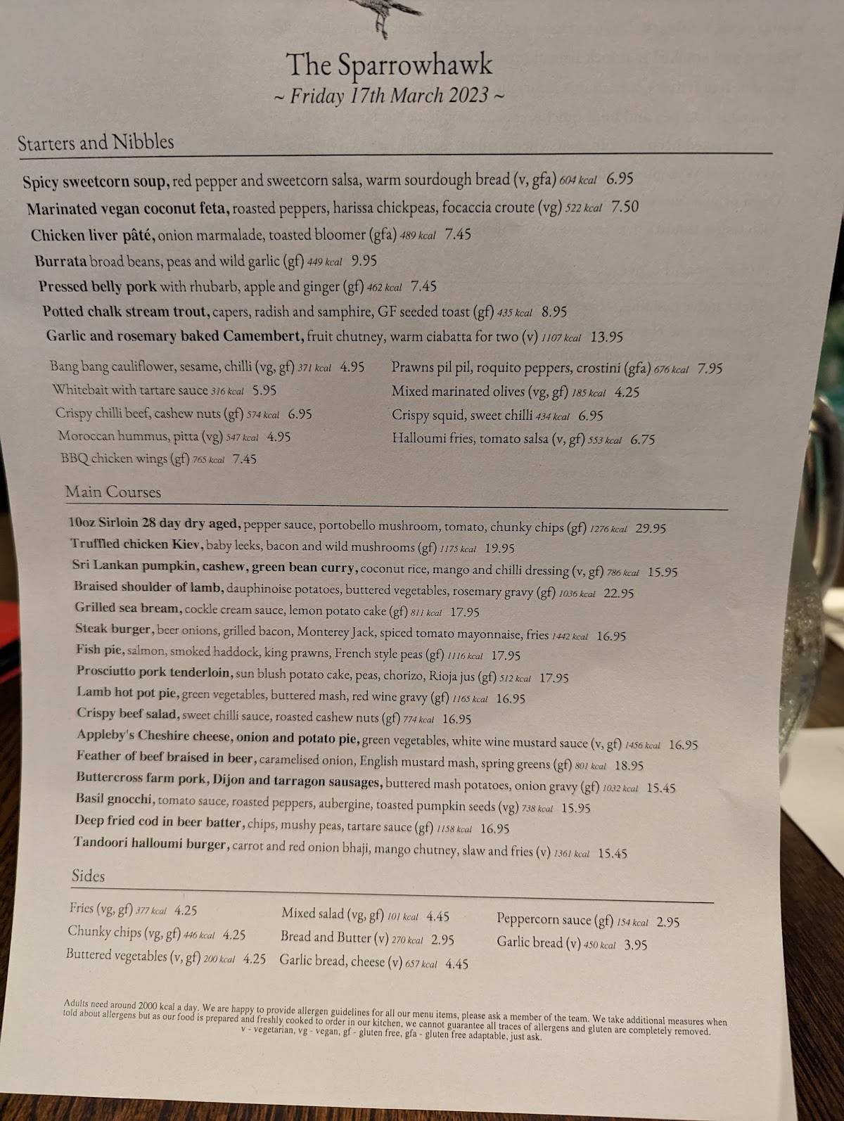 Menu at The Sparrowhawk pub & bar, Formby