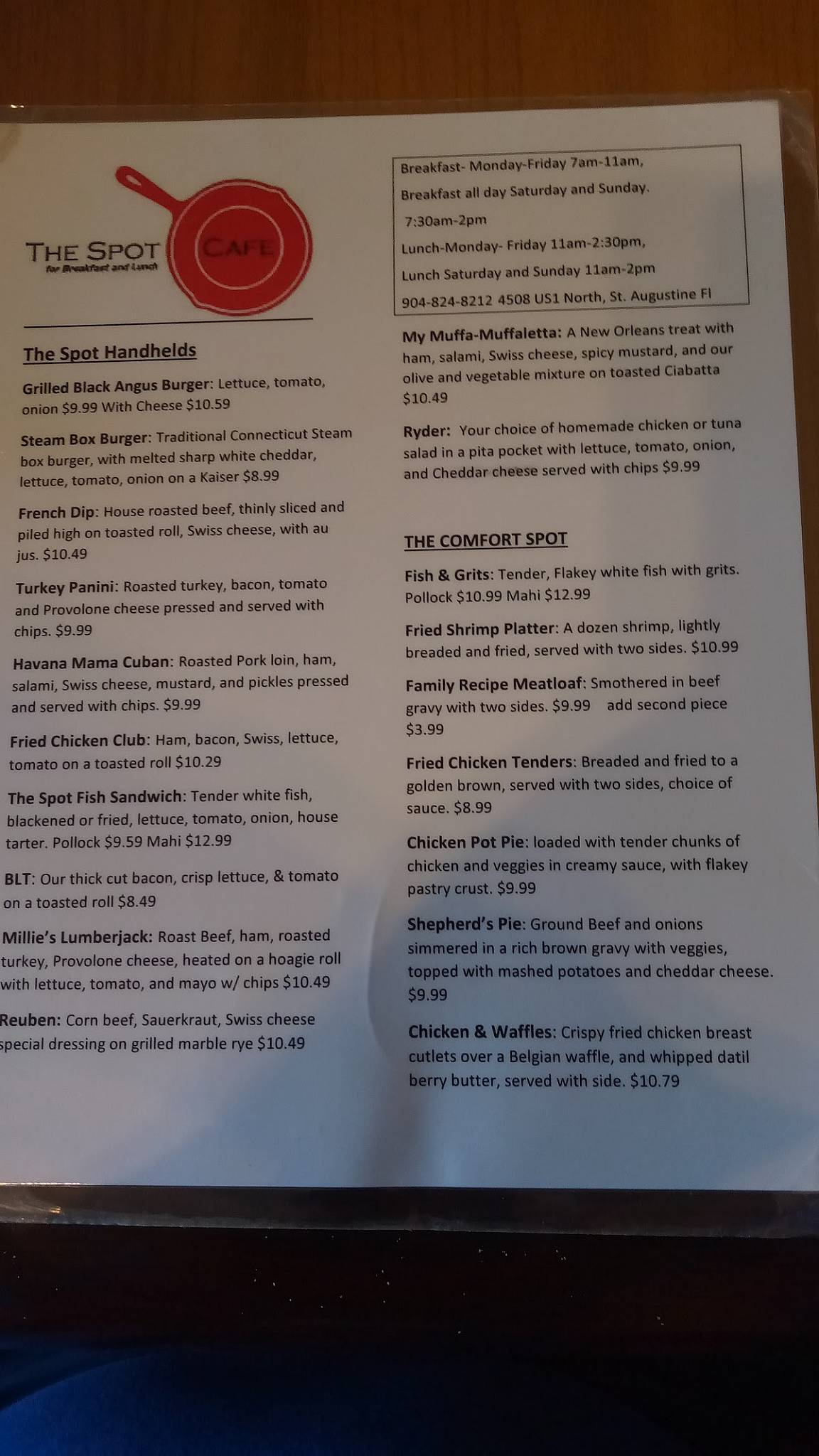 Menu at The Spot Cafe, St. Augustine, US-1