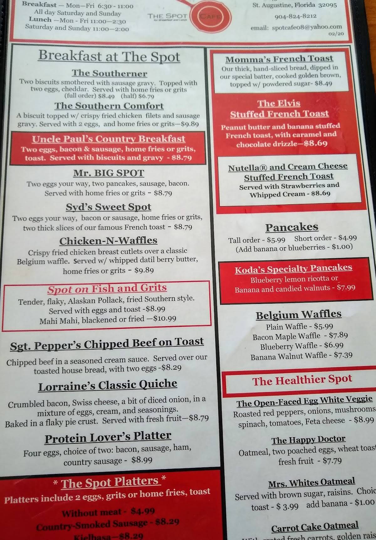 Menu at The Spot Cafe, St. Augustine, US-1