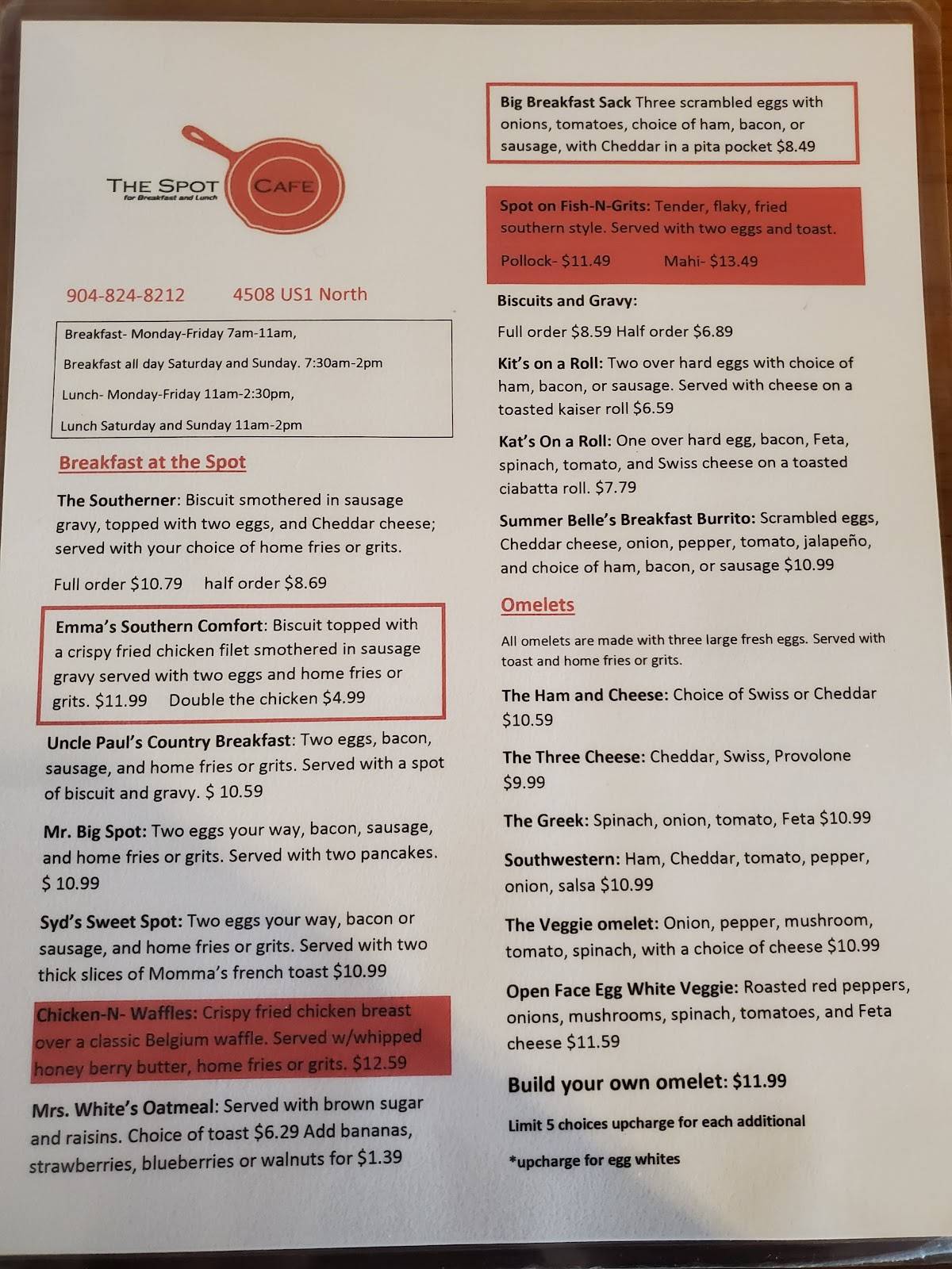 Menu at The Spot Cafe, St. Augustine, US-1