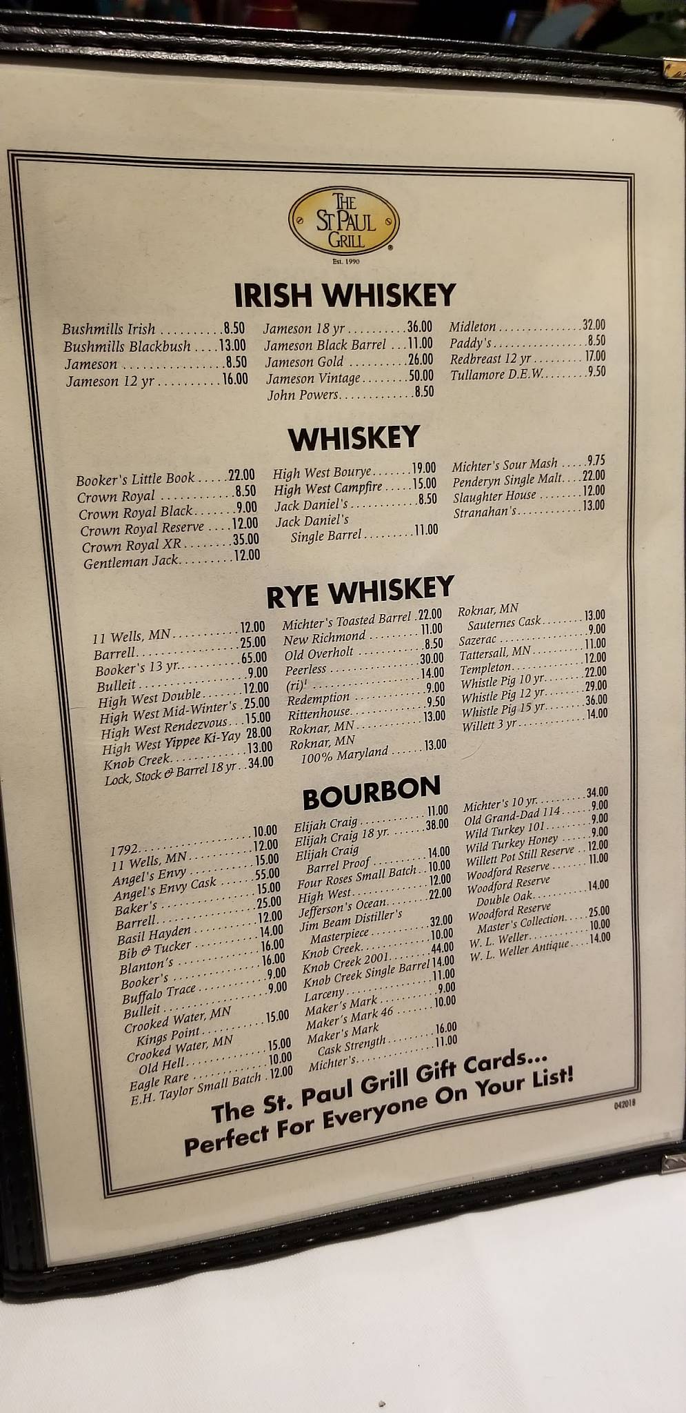 Menu at The St. Paul Grill restaurant, Saint Paul