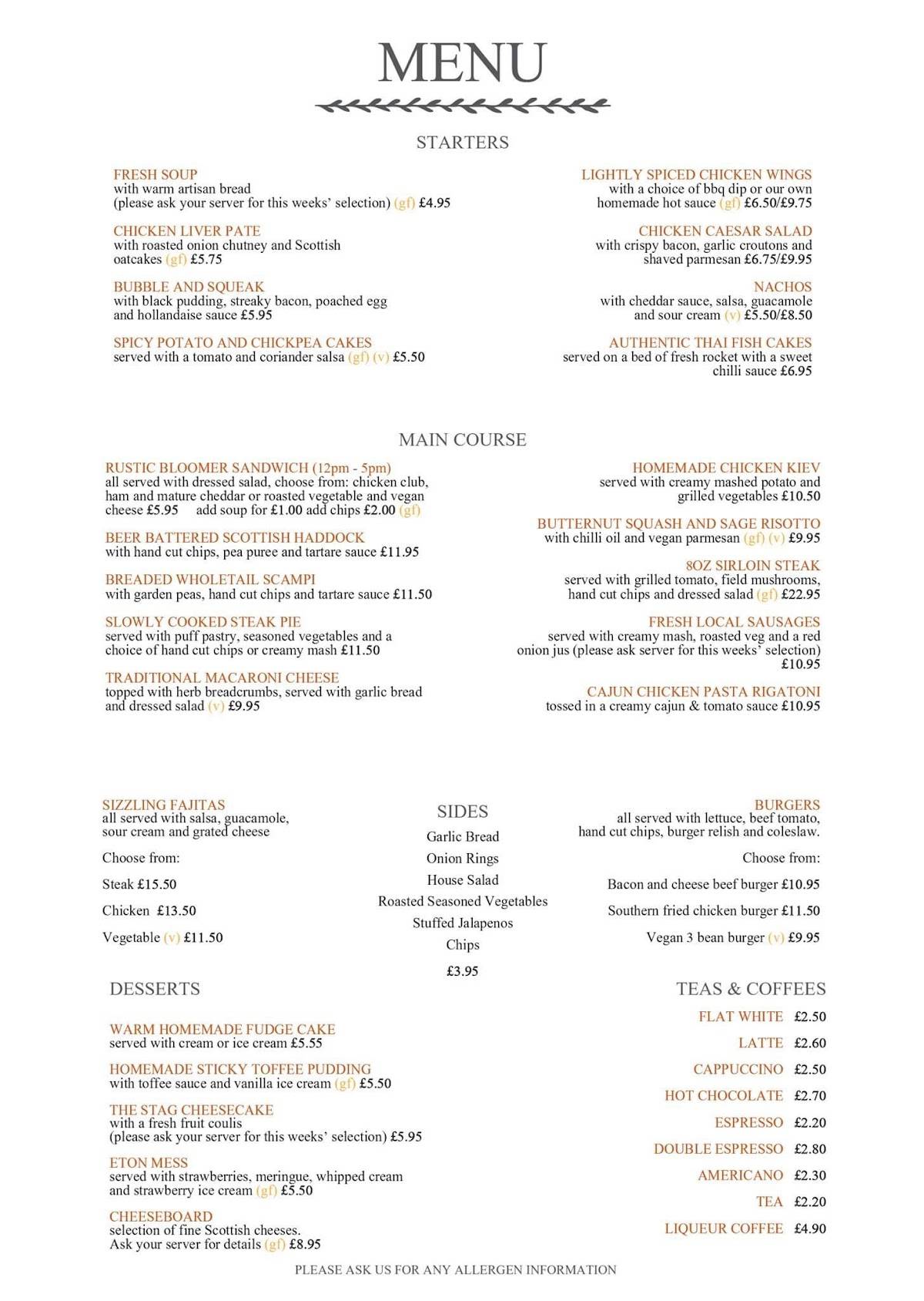 Menu at The Stag Inn pub & bar, Falkland, Mill Wynd