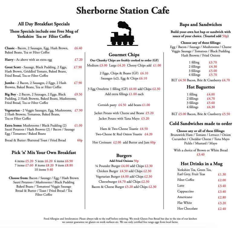 Menu at The Station Cafe, Sherborne