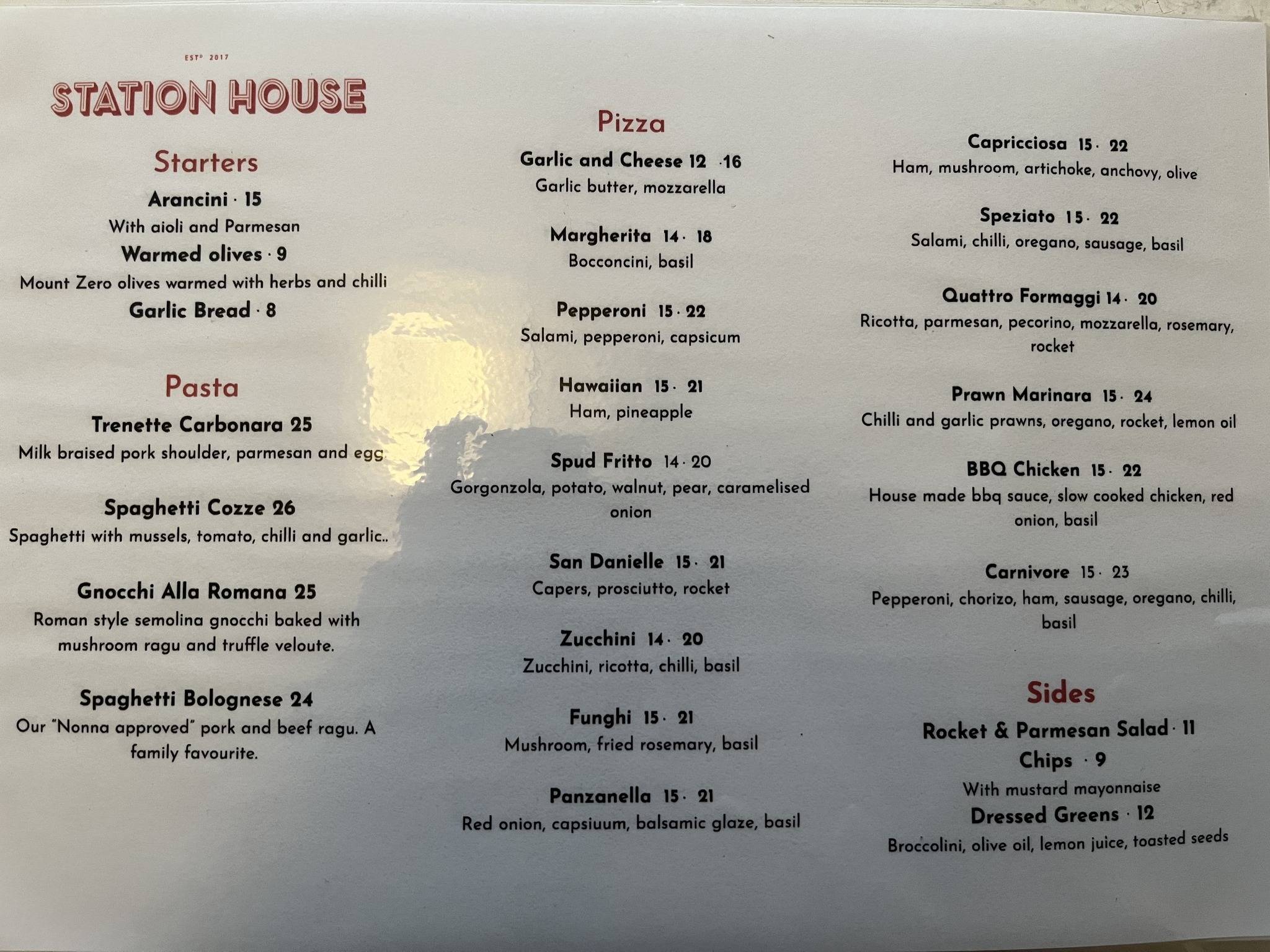 Menu at Station House Pizzeria, Gembrook