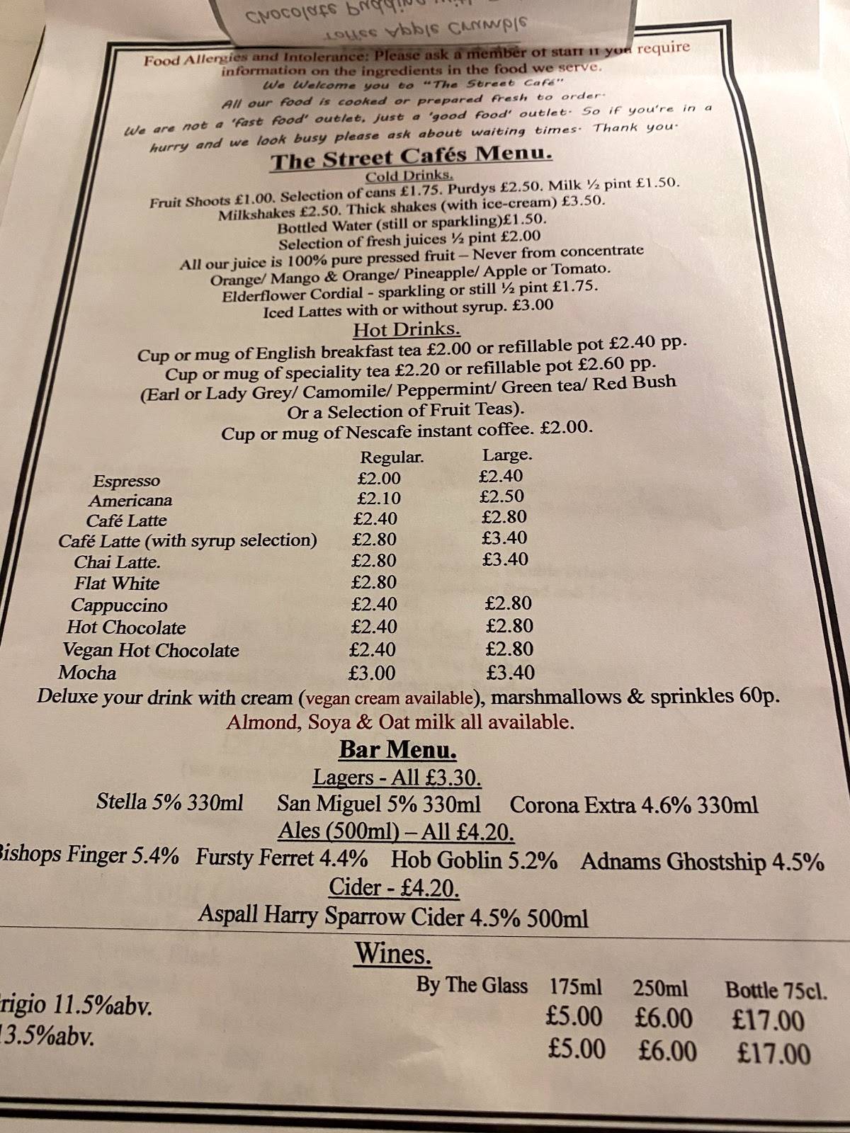Menu at The Street Cafe, Norwich
