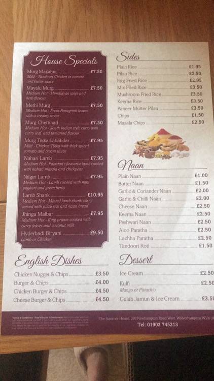 Menu at The Summer House pub & bar, Wolverhampton, 290 New Hampton Rd W