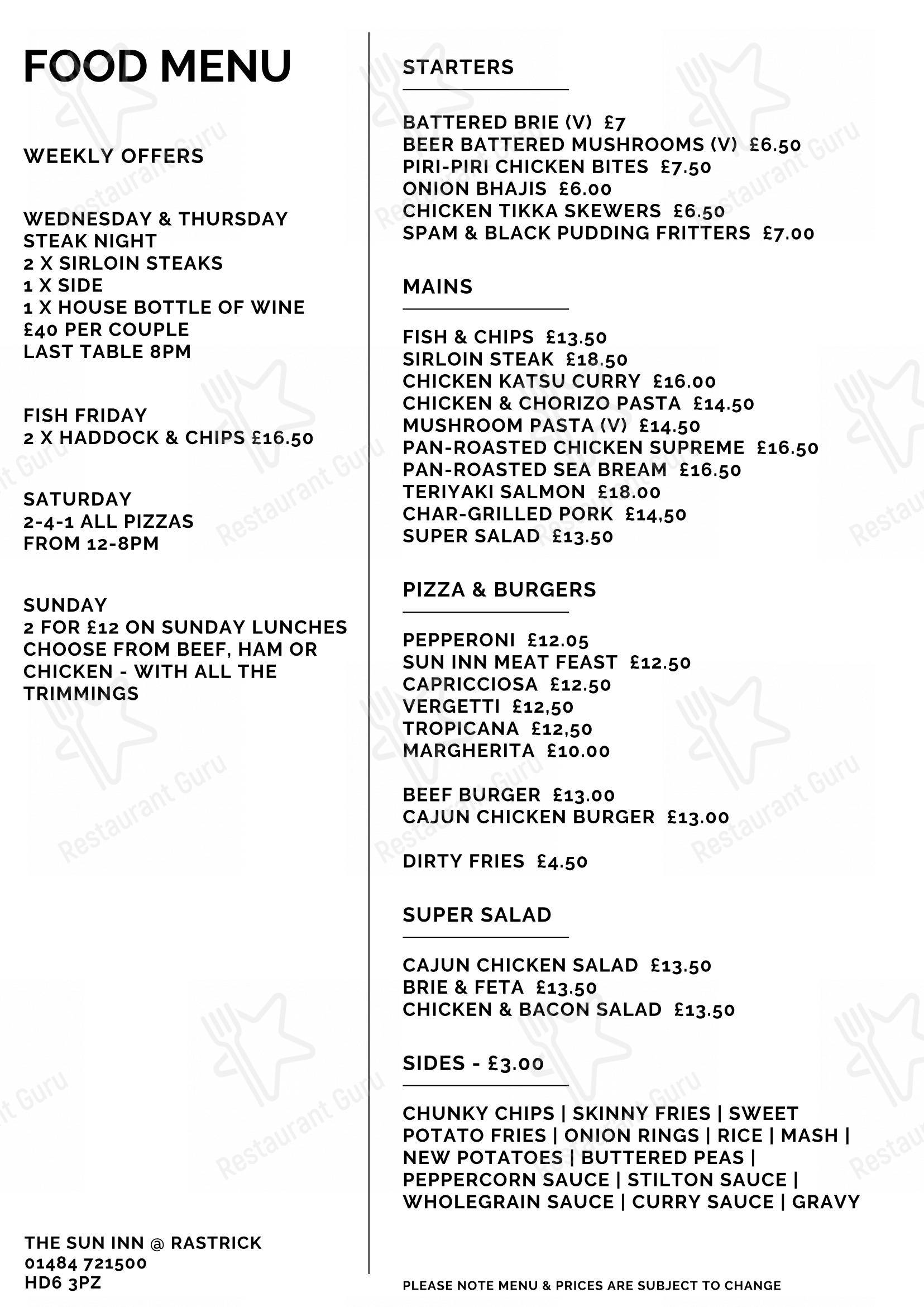 Menu at The Sun Inn pub & bar, Brighouse, 94 New Hey Rd