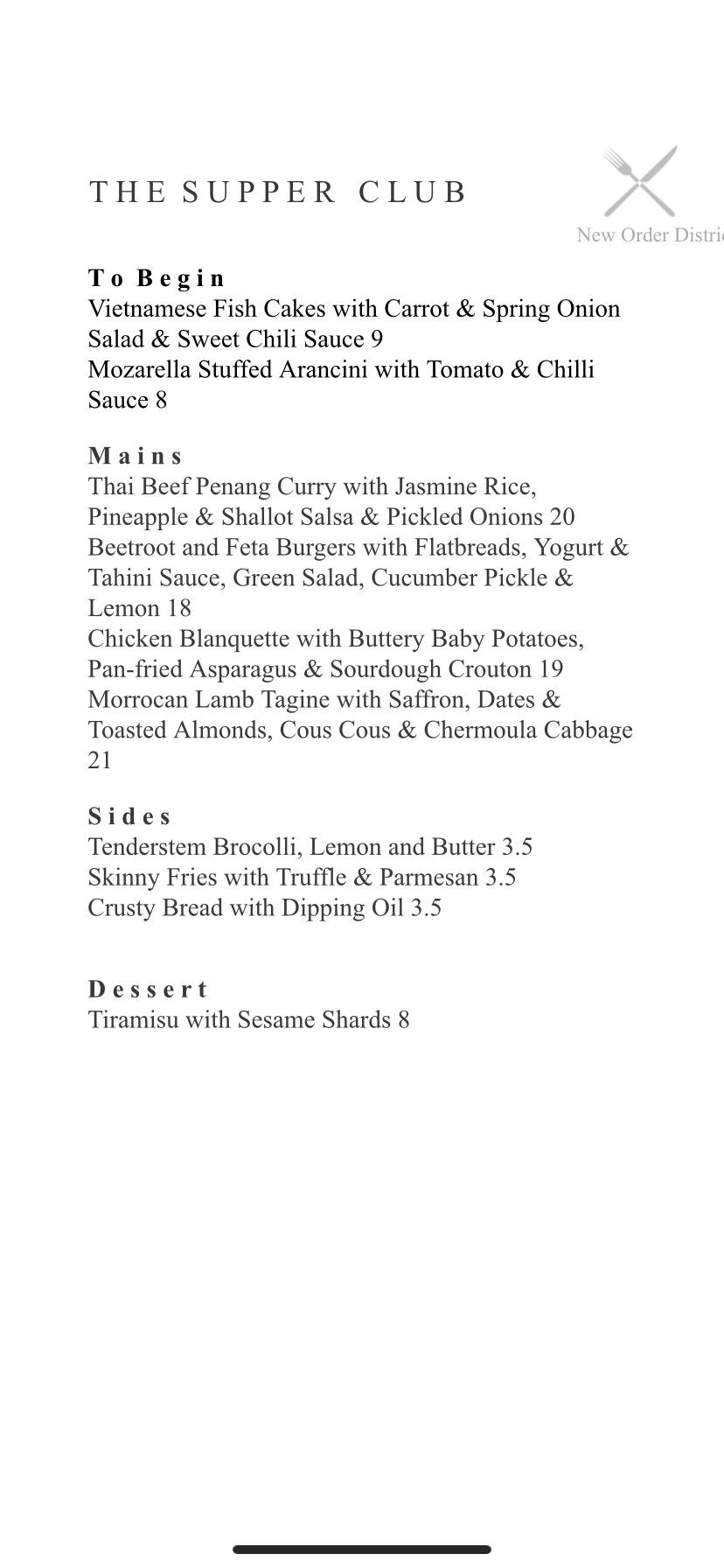 Menu at The Supper Club at New Order District, Birr