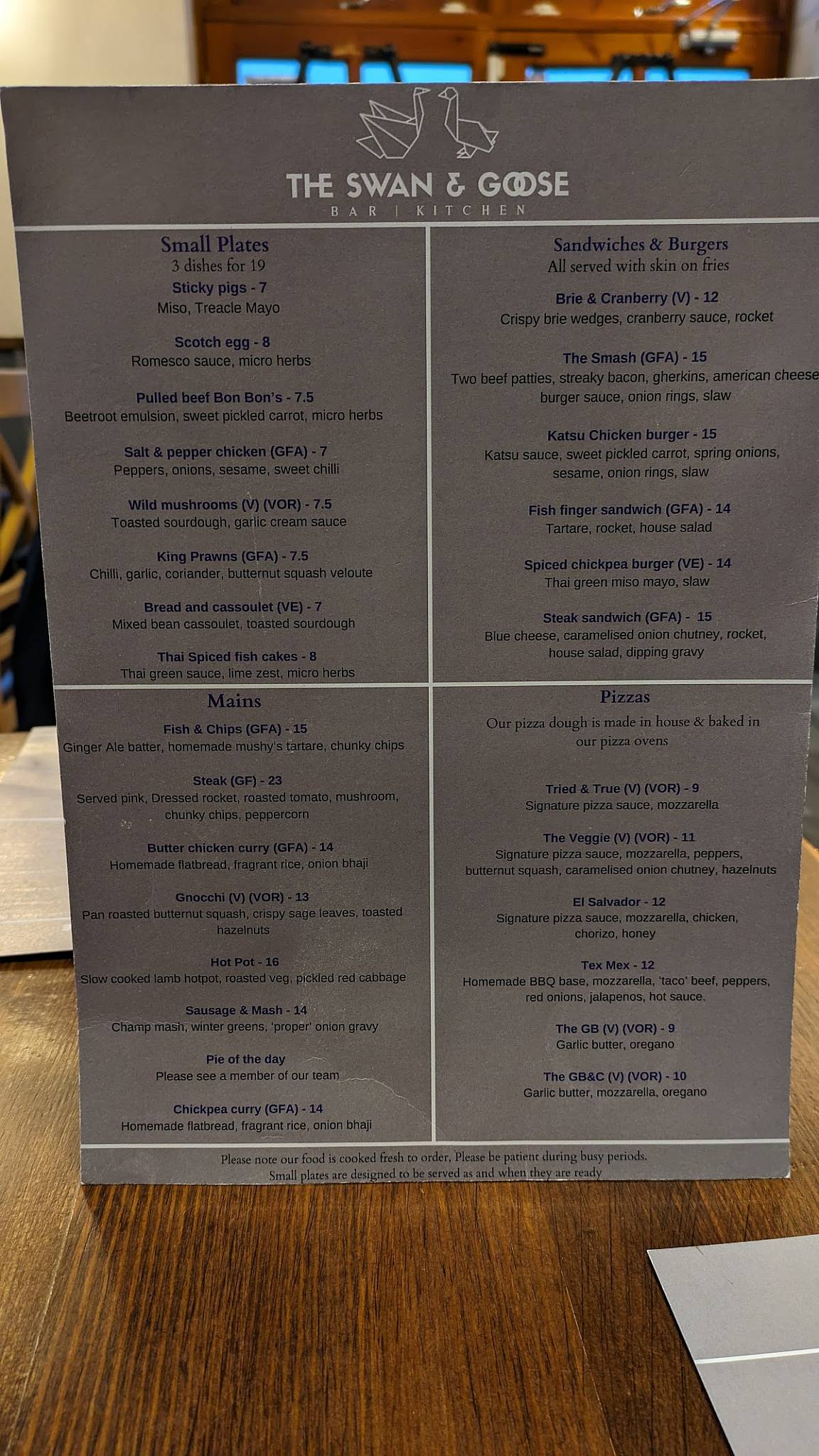 Menu at The Swan & Goose restaurant, Burnley