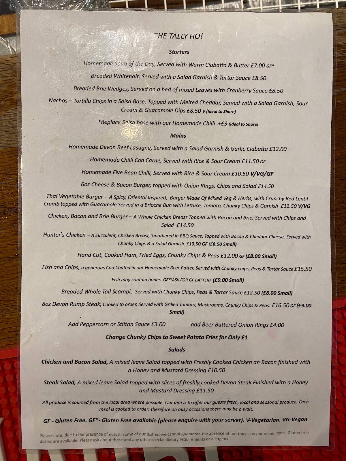 Menu at The Tally Ho! Inn pub & bar, Exeter