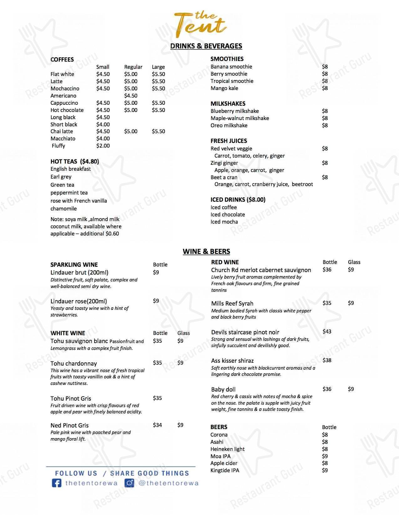 Menu at The Tent Cafe, Orewa
