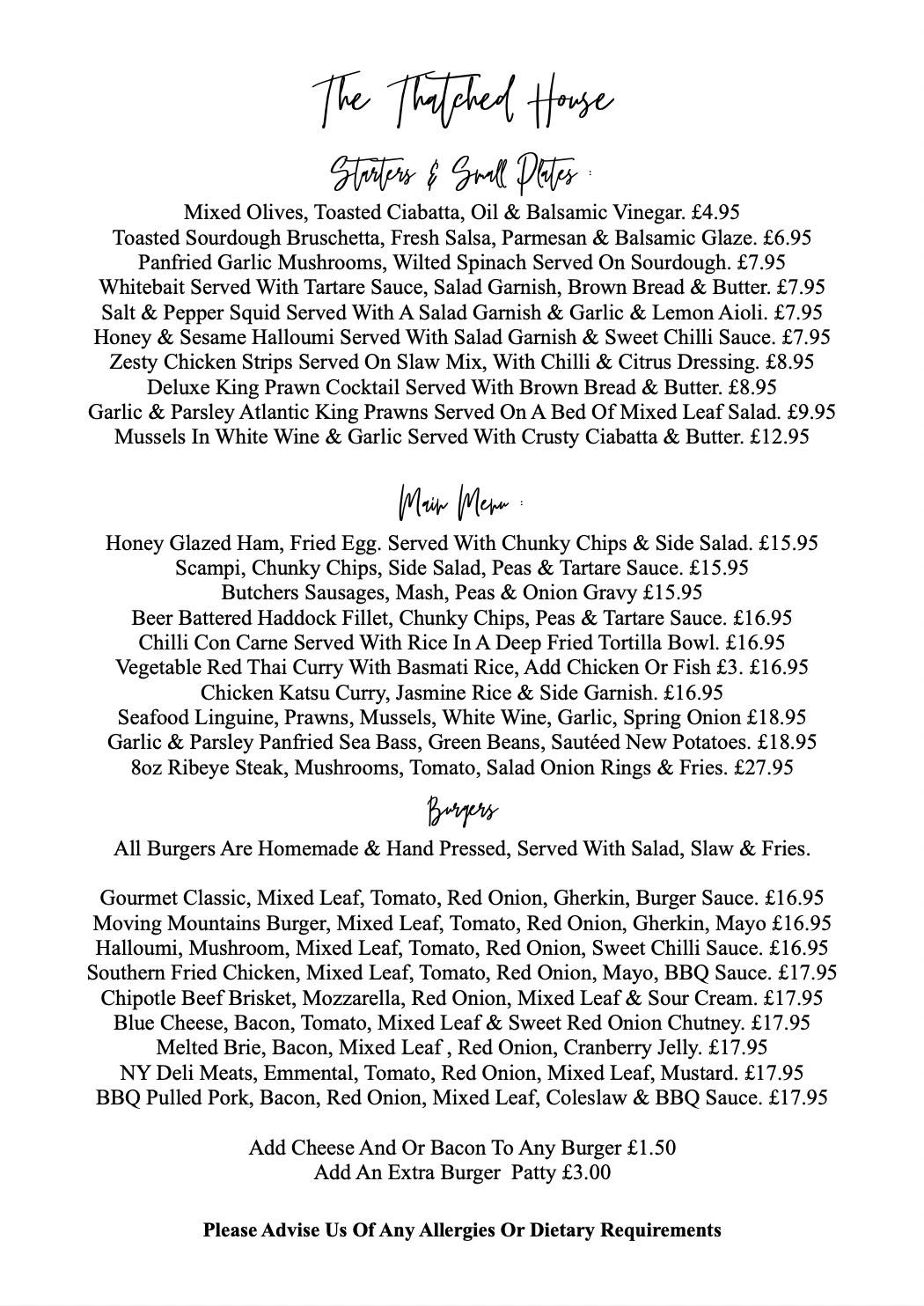 Menu at The Thatched House restaurant, Bognor Regis