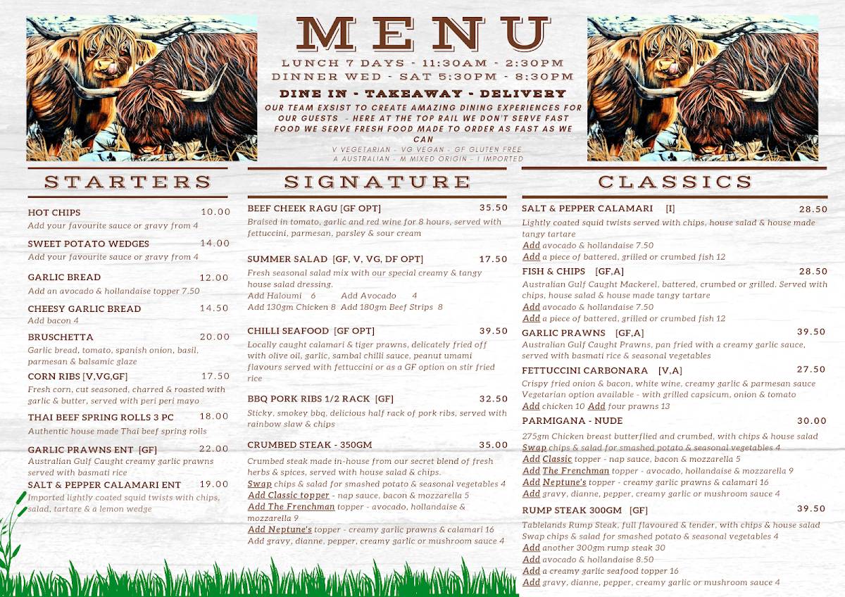 Menu at The Top Rail restaurant, Malanda