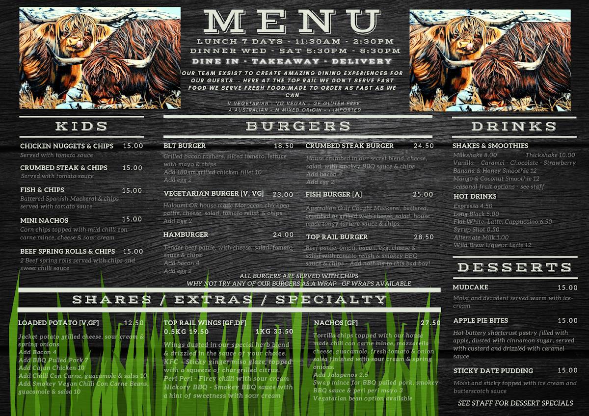 Menu at The Top Rail restaurant, Malanda