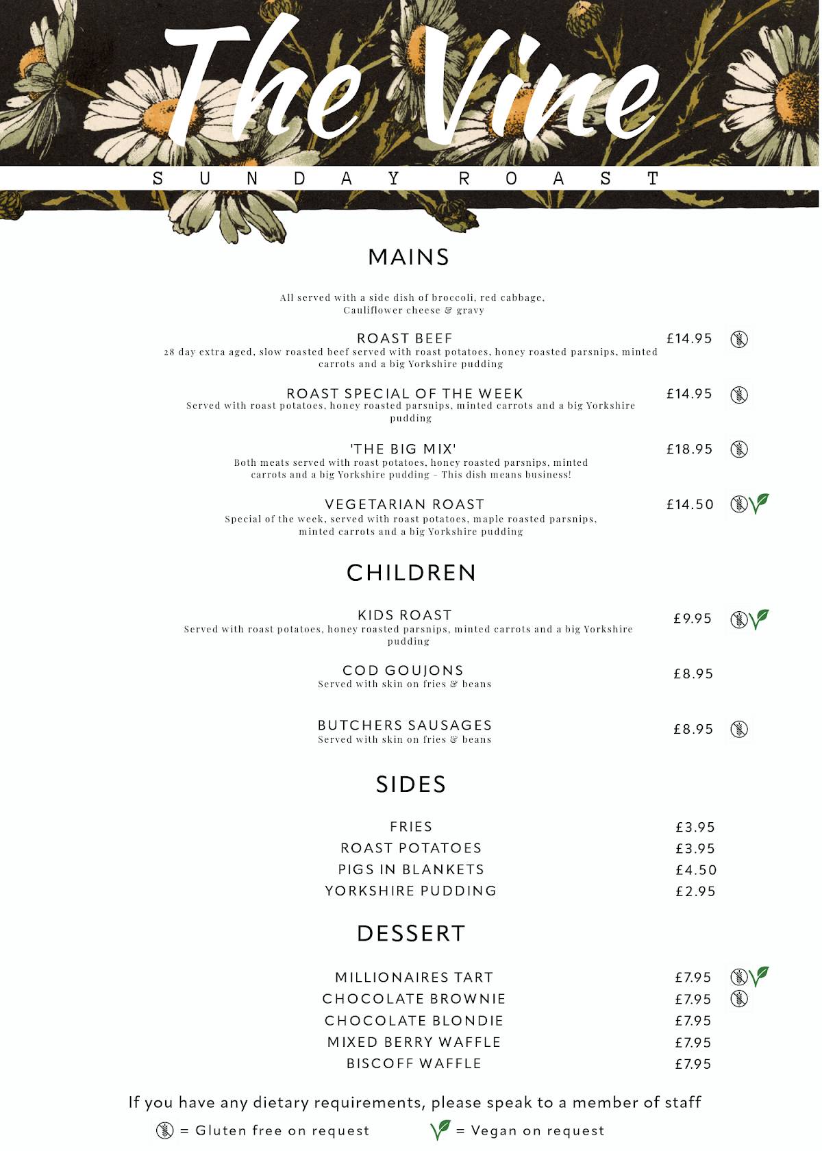 Menu at The Vine restaurant, Barnstaple