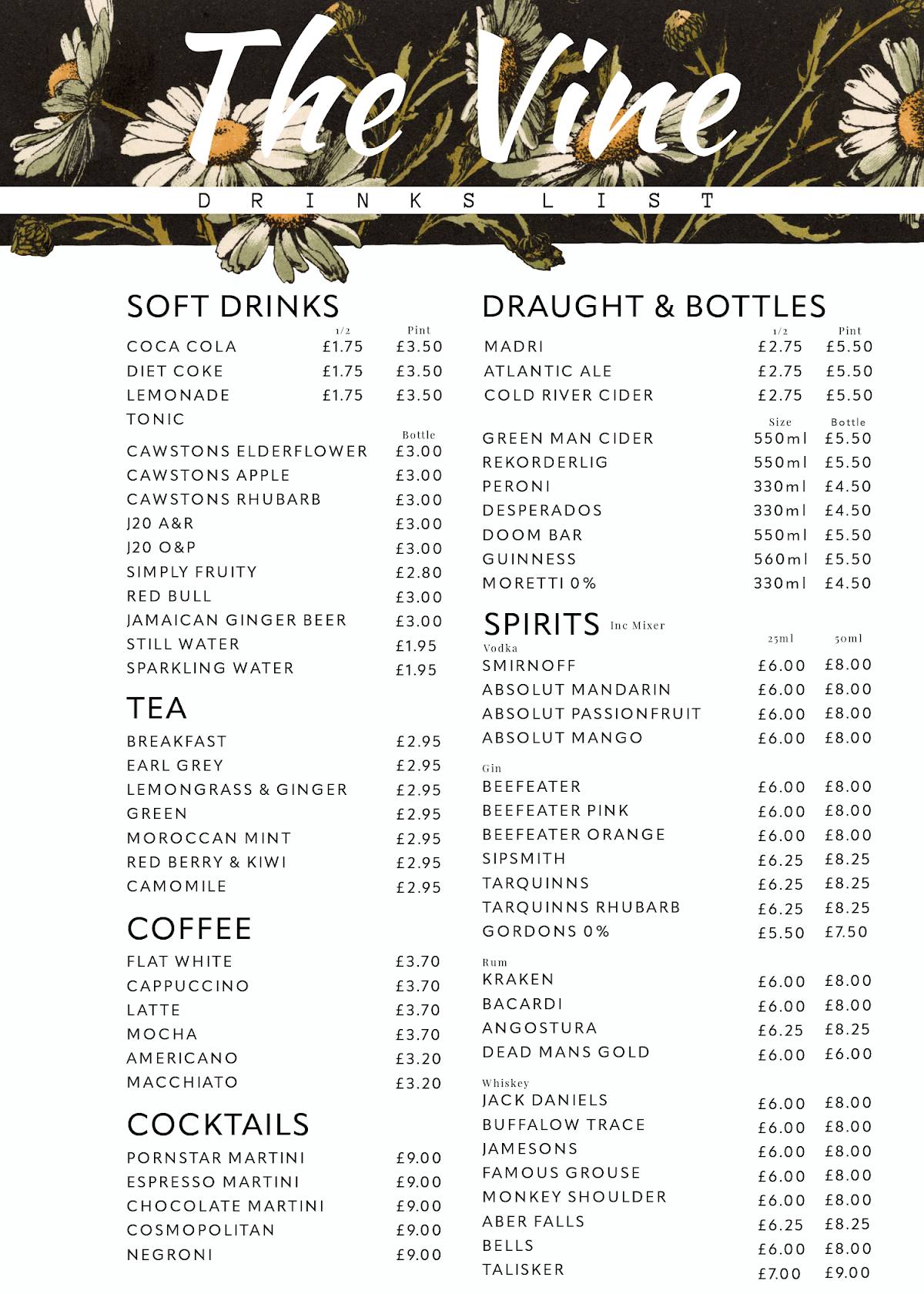 Menu at The Vine restaurant, Barnstaple