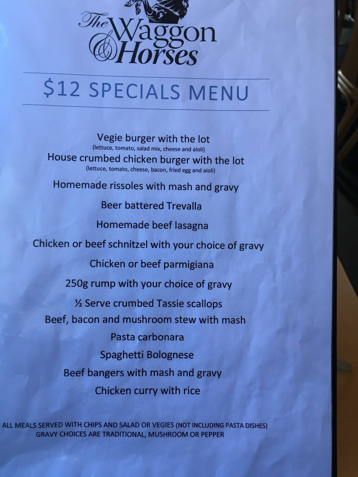 Menu at The Waggon & Horses Hotel pub & bar, North Hobart