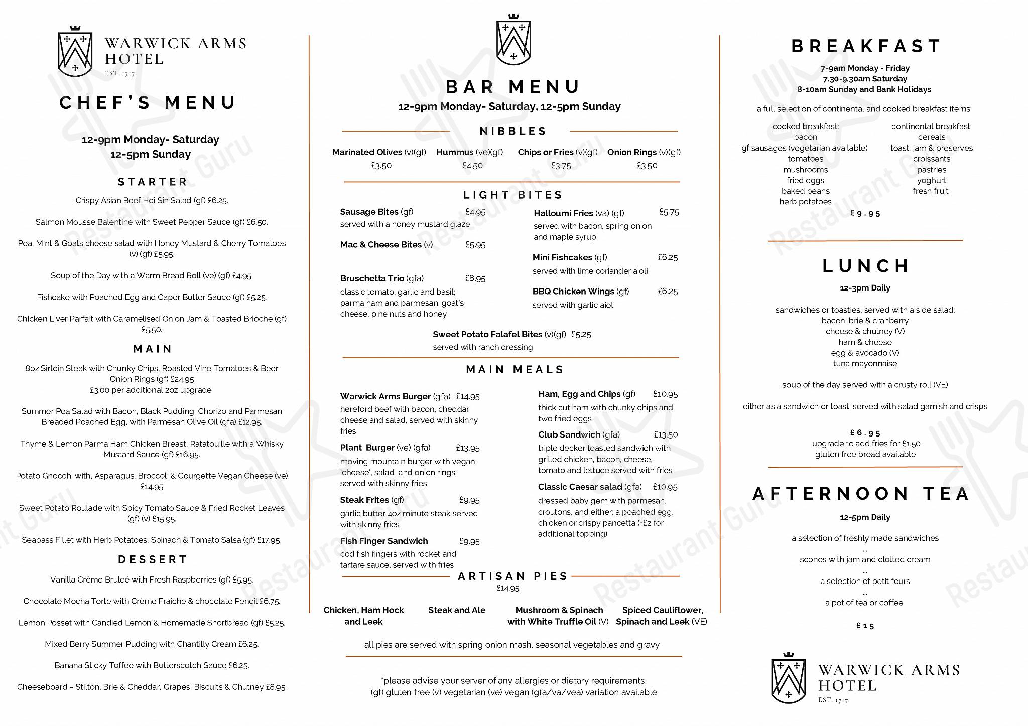 Menu at The Warwick Arms Hotel pub & bar, Warwick