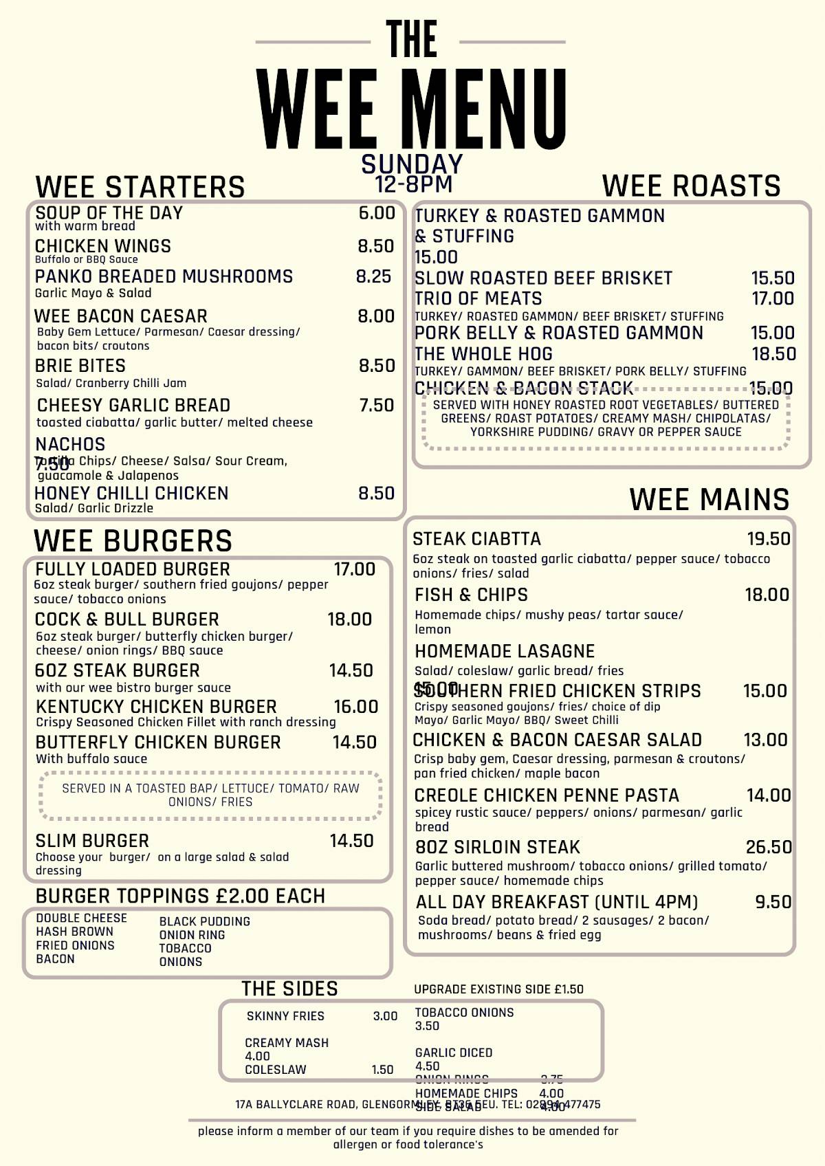 Menu at The Wee Bistro restaurant, Glengormley