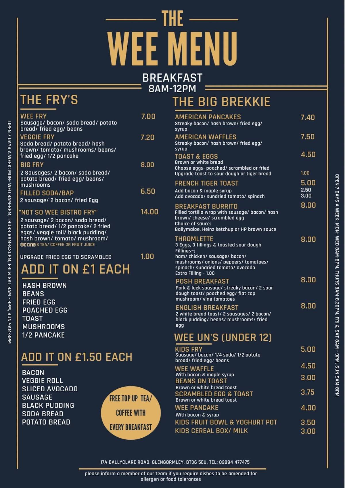 Menu at The Wee Bistro restaurant, Glengormley
