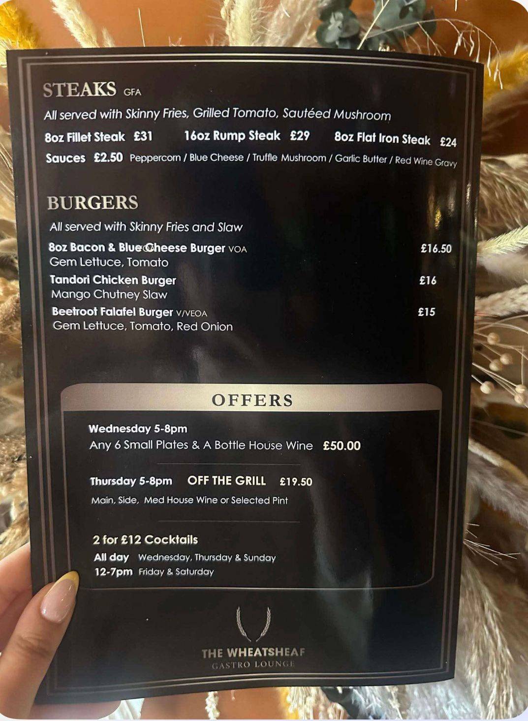 Menu at The Wheatsheaf Gomersal restaurant, Cleckheaton