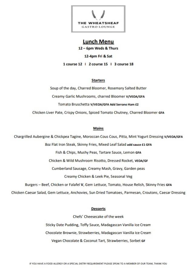 Menu at The Wheatsheaf Gomersal restaurant, Cleckheaton