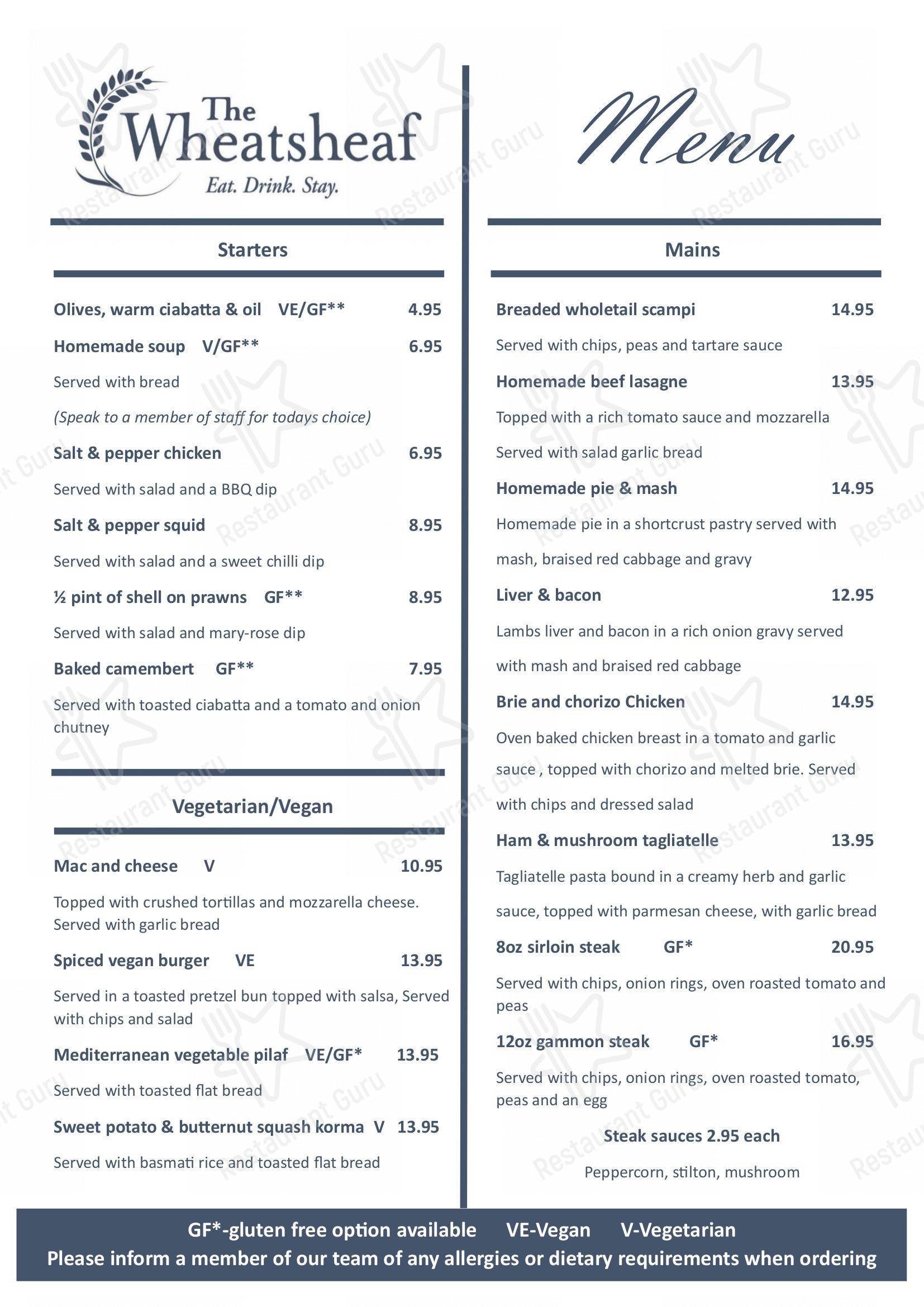 Menu at The Wheatsheaf Hotel pub & bar, Newport