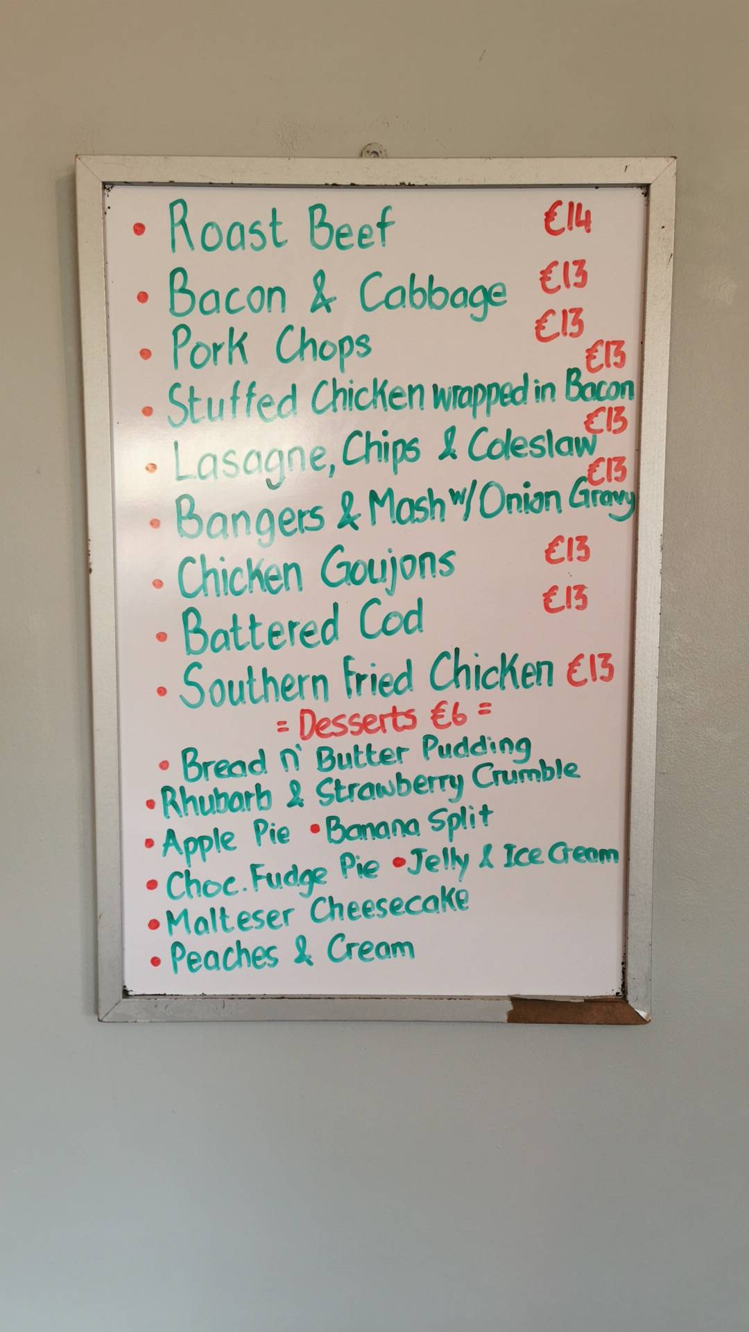 Menu at The Wheelers Cafe, Ireland