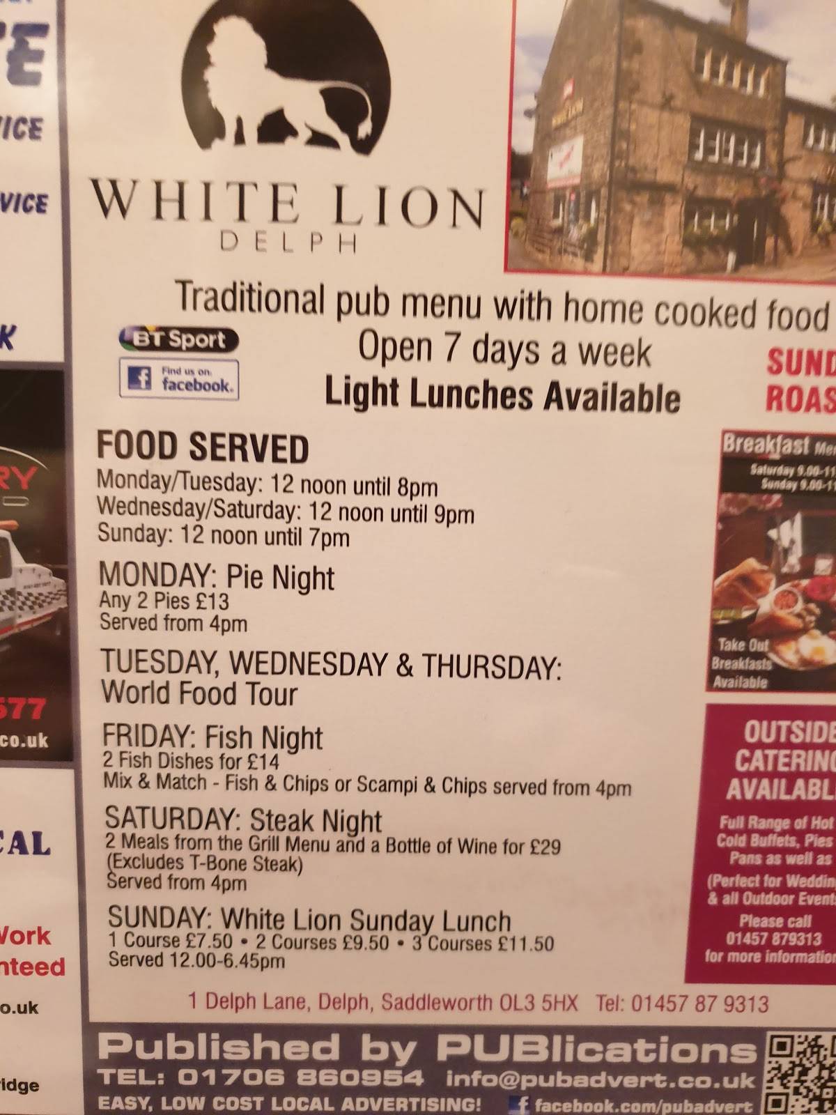Menu at The White Lion pub & bar, Oldham