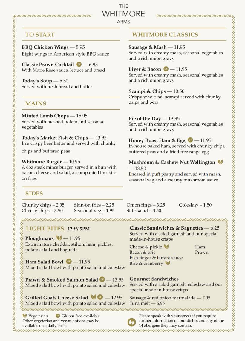 Menu at The Whitmore Arms pub & bar, Grays, The Whitmore Arms