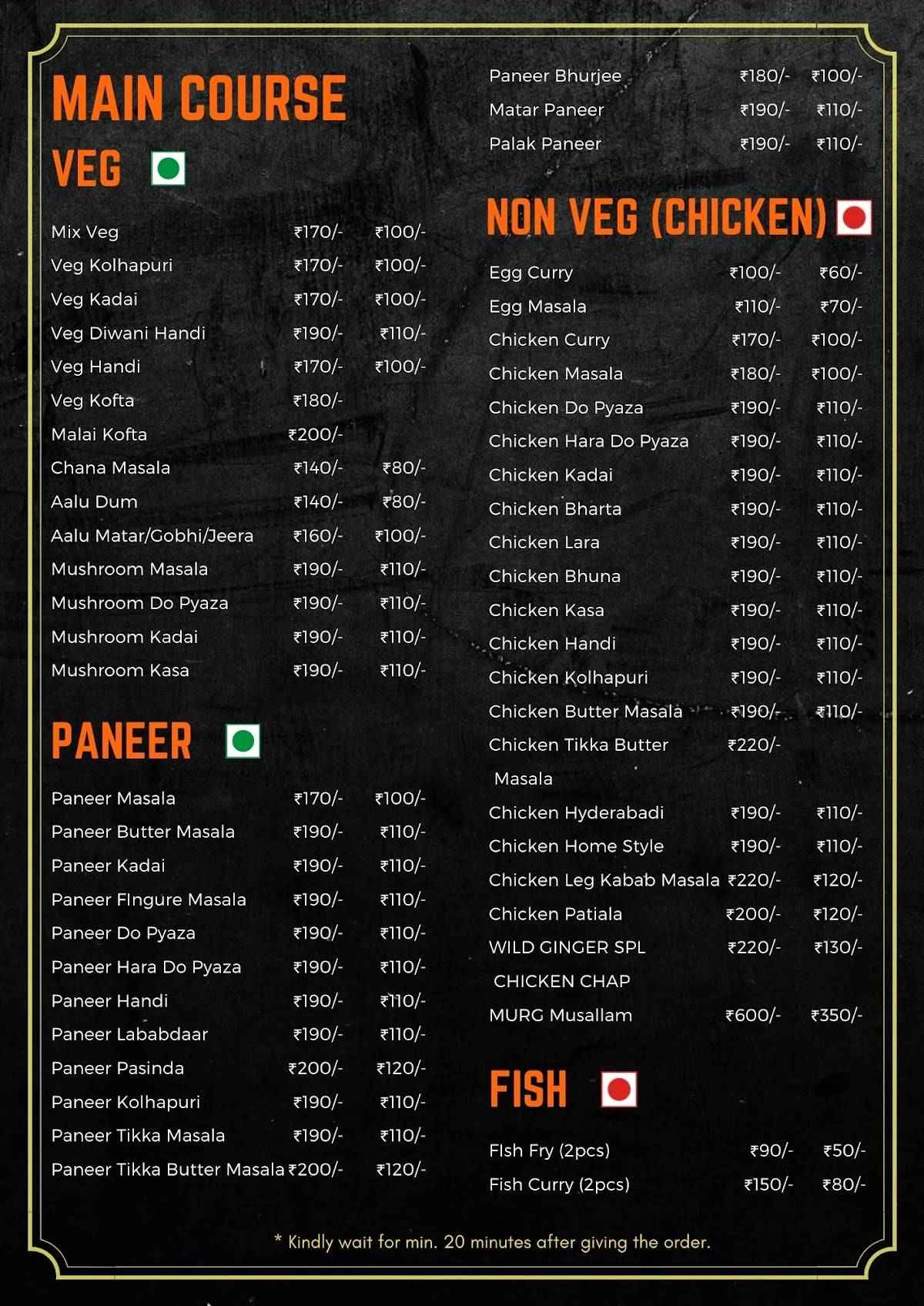 Menu at The Wild Ginger, Chaibasa