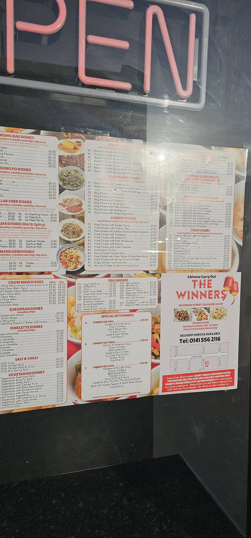 Menu at The Winners restaurant, Glasgow