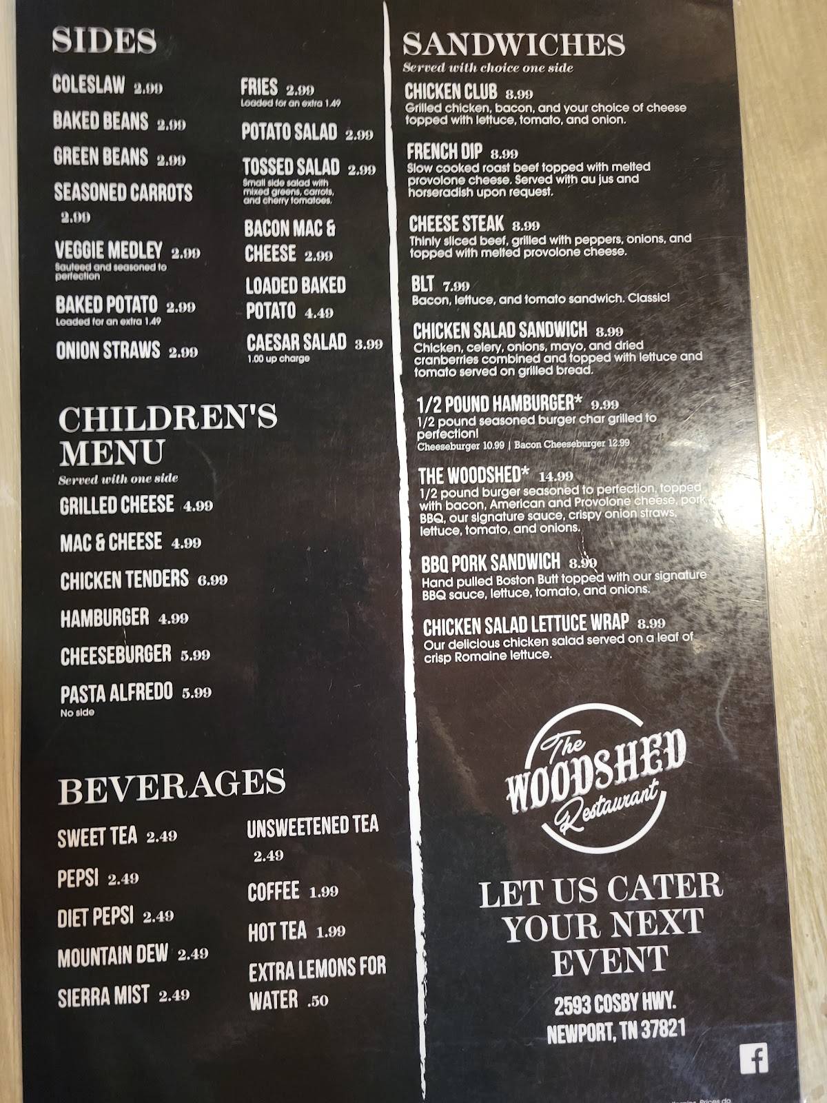Menu at The Woodshed Restaurant, Newport, Cosby Hwy