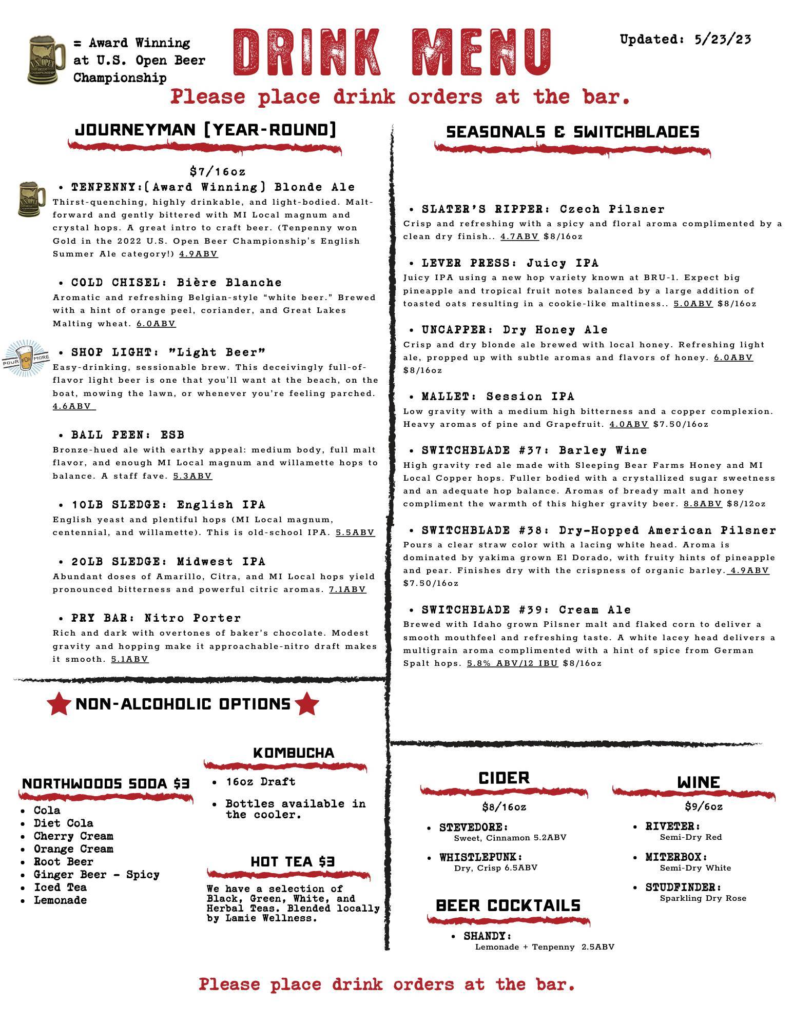 Menu at The Workshop Brewing Company pub & bar, Traverse City, 221 ...
