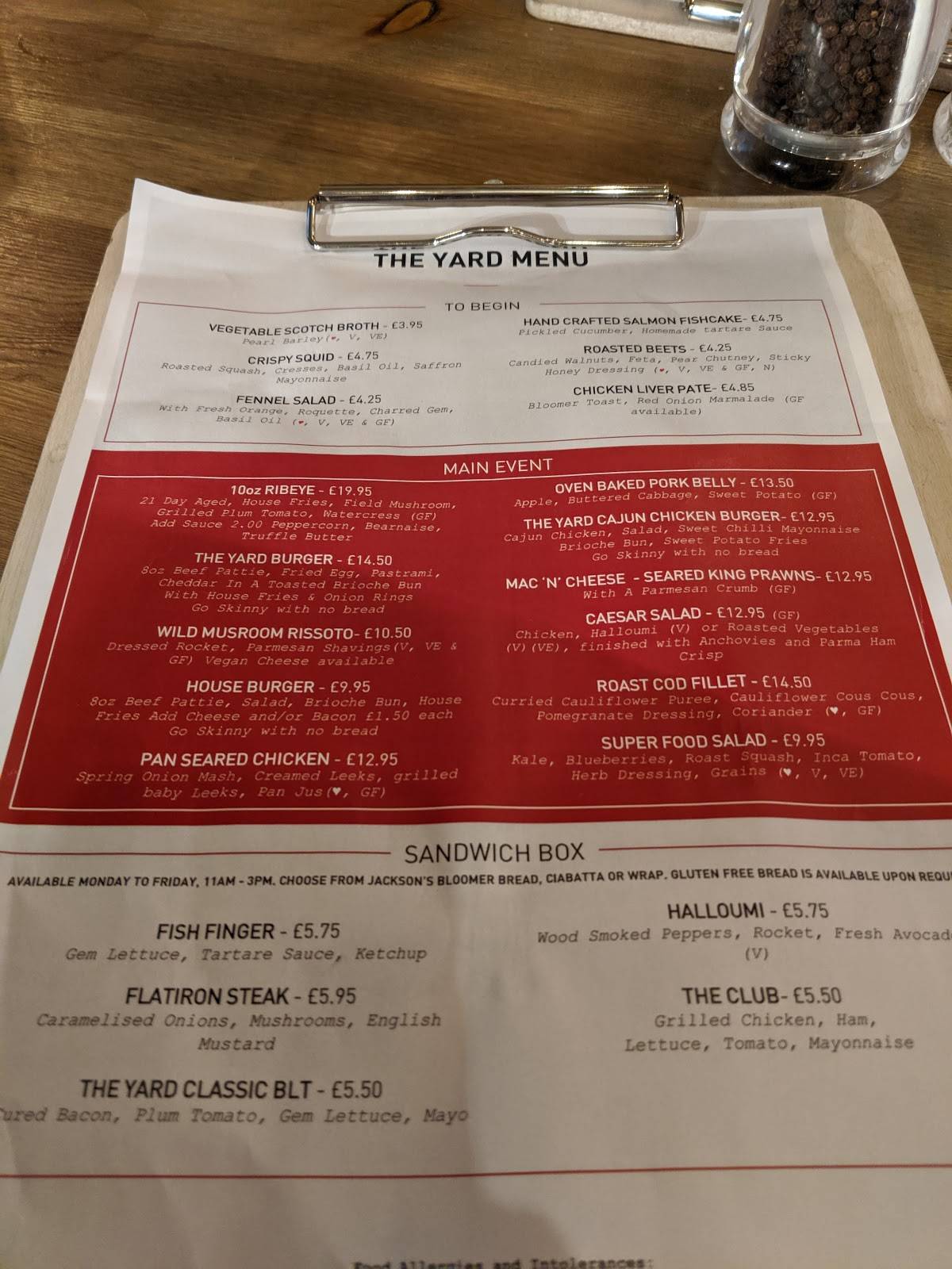 Menu at The Yard restaurant, Derby, Pride Park Stadium