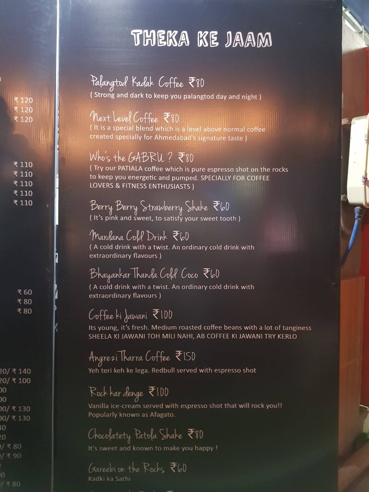 Menu at Theka SG Highway, Ahmedabad