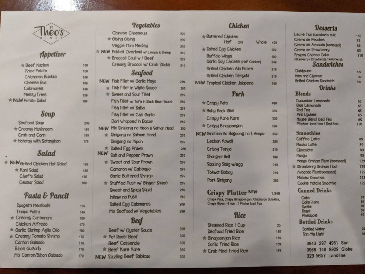 Menu at Theo's Diner restaurant, Cabanatuan City