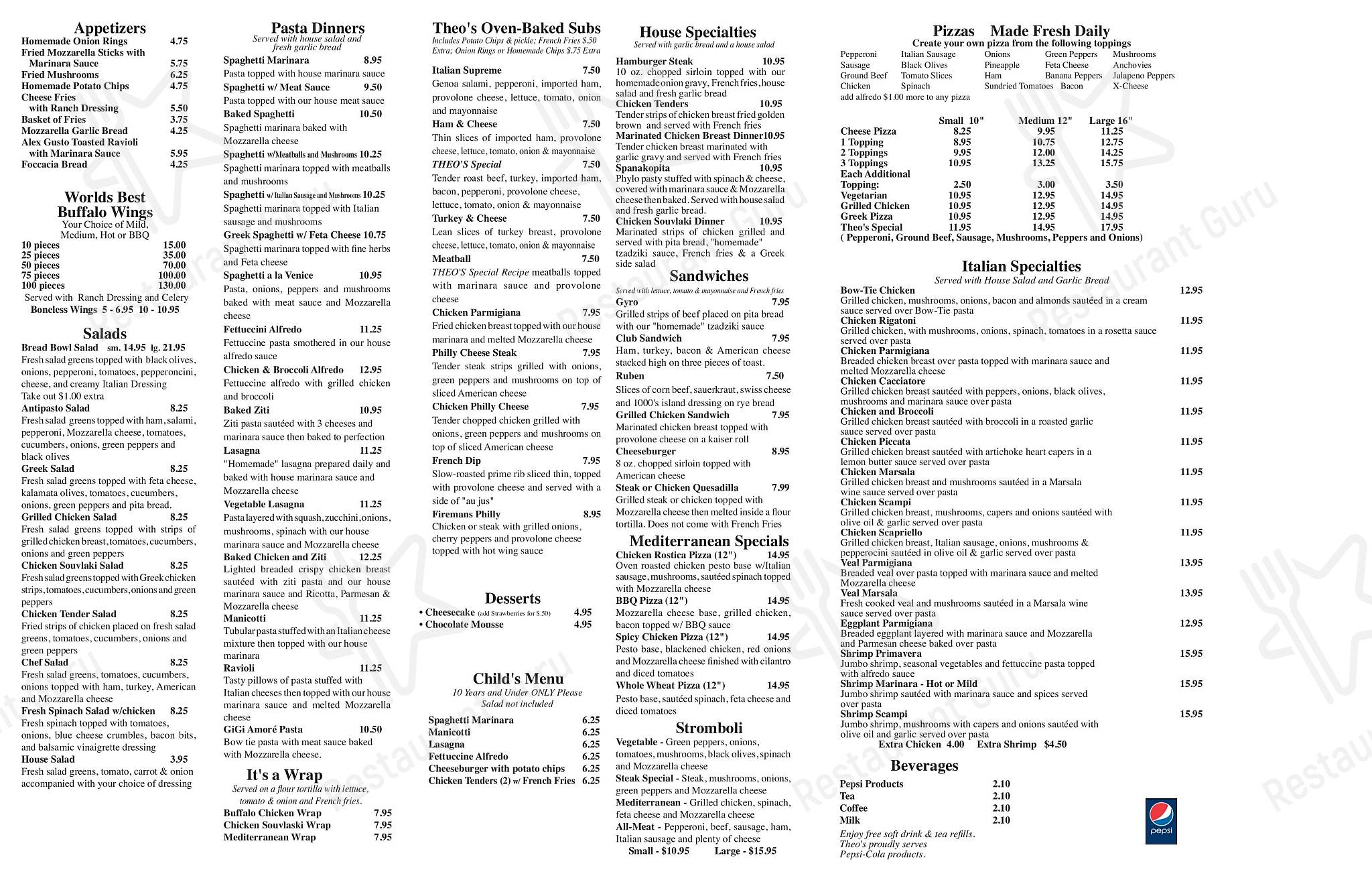 Menu at Theo's Italian & Family Restaurant, Jonesville