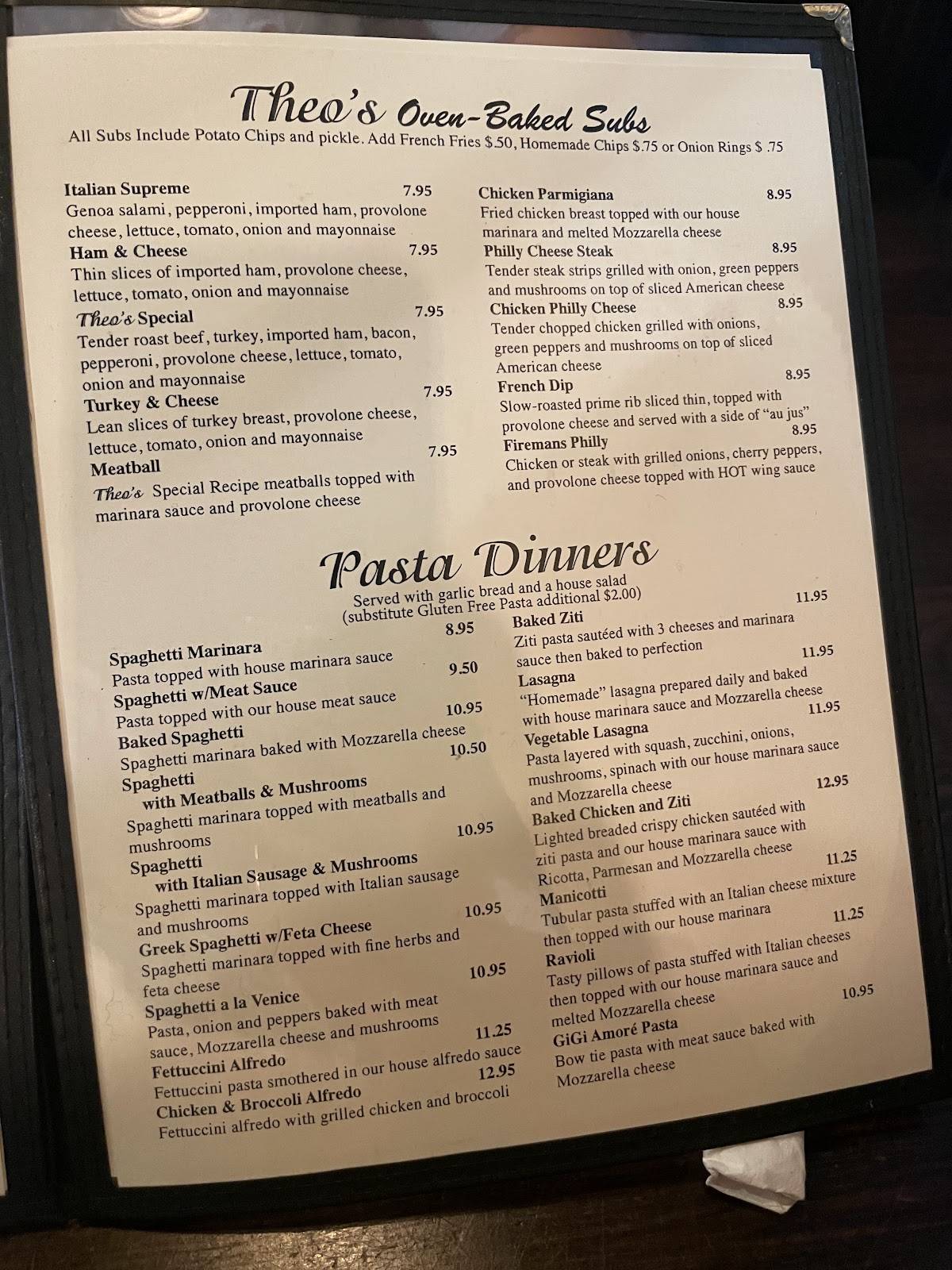 Menu at Theo's Italian & Family Restaurant, Jonesville
