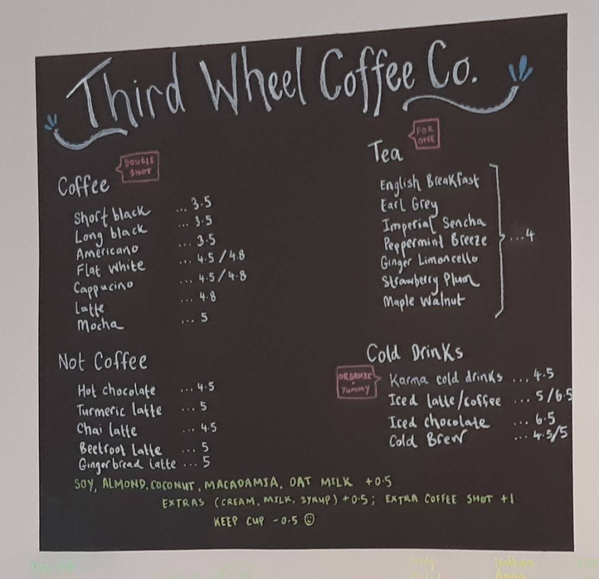 Menu at Third Wheel Coffee Co. cafe, Paihia