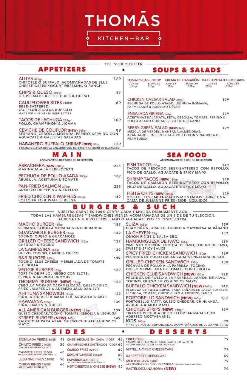 Carta de Thomās Kitchen-Bar, Ciudad Juarez