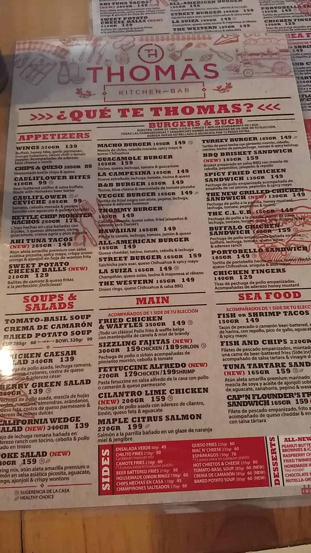Carta de Thomās Kitchen-Bar, Ciudad Juarez